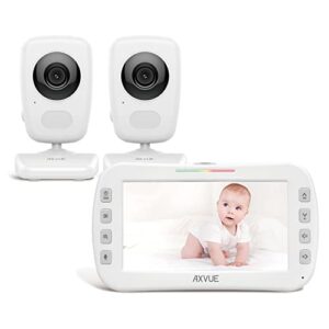 axvue video baby monitor, comfortable slim design handheld enclosure, 5.0" screen monitor & 2 camera, range up to 1000ft, 8 hour battery life, 2-way talk, night vision, temperature monitor, no wifi.