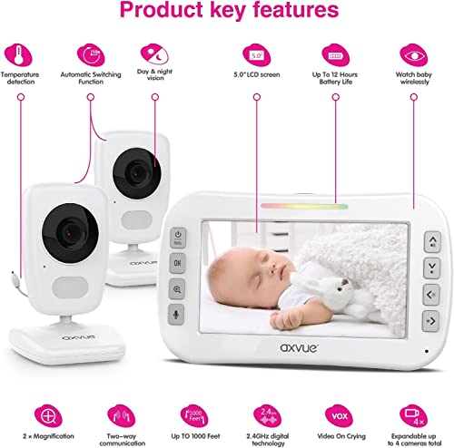 Axvue Video Baby Monitor, Comfortable Slim Design Handheld Enclosure, 5.0" Screen Monitor & 2 Camera, Range up to 1000ft, 8 Hour Battery Life, 2-Way Talk, Night Vision, Temperature Monitor, No WiFi.