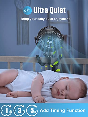 Stroller Fan, 12000mAh Rechargeable Fan Portable, Battery Operated Fan, Baby Car Seat Fan with Timming, Low Noise, Flexible Tripod, Personal Small Fans For Stroller, Office, Beach, Bed, Camping