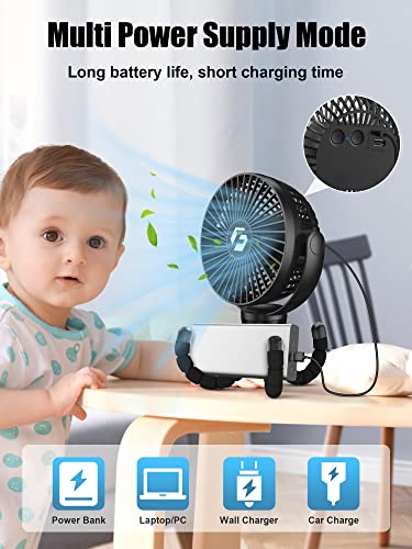 Stroller Fan, 12000mAh Rechargeable Fan Portable, Battery Operated Fan, Baby Car Seat Fan with Timming, Low Noise, Flexible Tripod, Personal Small Fans For Stroller, Office, Beach, Bed, Camping