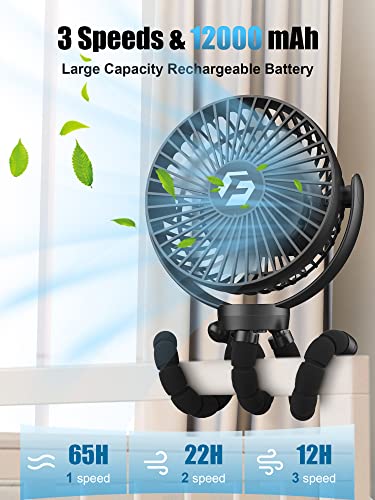 Stroller Fan, 12000mAh Rechargeable Fan Portable, Battery Operated Fan, Baby Car Seat Fan with Timming, Low Noise, Flexible Tripod, Personal Small Fans For Stroller, Office, Beach, Bed, Camping