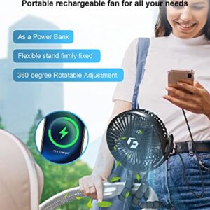 Stroller Fan, 12000mAh Rechargeable Fan Portable, Battery Operated Fan, Baby Car Seat Fan with Timming, Low Noise, Flexible Tripod, Personal Small Fans For Stroller, Office, Beach, Bed, Camping