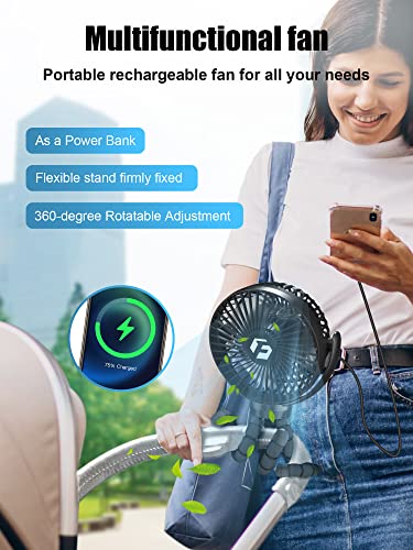 Stroller Fan, 12000mAh Rechargeable Fan Portable, Battery Operated Fan, Baby Car Seat Fan with Timming, Low Noise, Flexible Tripod, Personal Small Fans For Stroller, Office, Beach, Bed, Camping