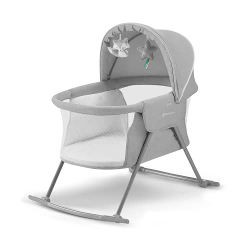 Kinderkraft LOVI Travel Bassinet for Baby in Grey, Portable Folding Baby Bed with Built-in Mosquito net, Adjustable Hood and an Additional Cradle Function