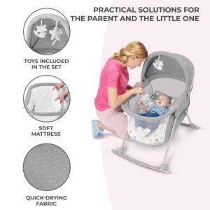 Kinderkraft LOVI Travel Bassinet for Baby in Grey, Portable Folding Baby Bed with Built-in Mosquito net, Adjustable Hood and an Additional Cradle Function