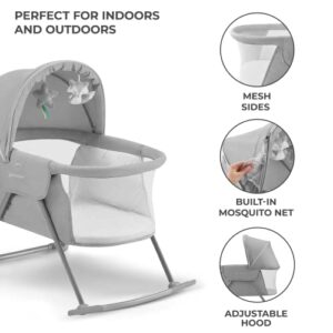 Kinderkraft LOVI Travel Bassinet for Baby in Grey, Portable Folding Baby Bed with Built-in Mosquito net, Adjustable Hood and an Additional Cradle Function