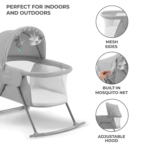 Kinderkraft LOVI Travel Bassinet for Baby in Grey, Portable Folding Baby Bed with Built-in Mosquito net, Adjustable Hood and an Additional Cradle Function