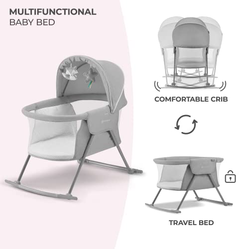 Kinderkraft LOVI Travel Bassinet for Baby in Grey, Portable Folding Baby Bed with Built-in Mosquito net, Adjustable Hood and an Additional Cradle Function