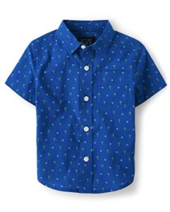 the children's place baby toddler boys short sleeve button down shirt, blue palm trees, 4t