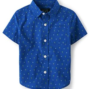 The Children's Place Baby Toddler Boys Short Sleeve Button Down Shirt, Blue Palm Trees, 4T