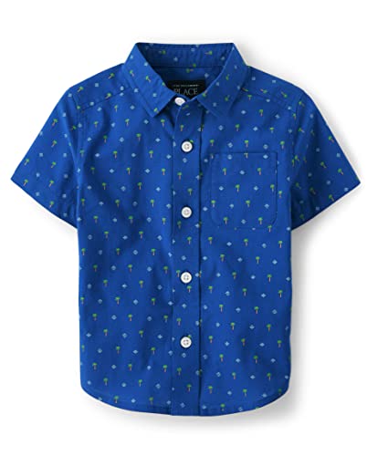 The Children's Place Baby Toddler Boys Short Sleeve Button Down Shirt, Blue Palm Trees, 4T