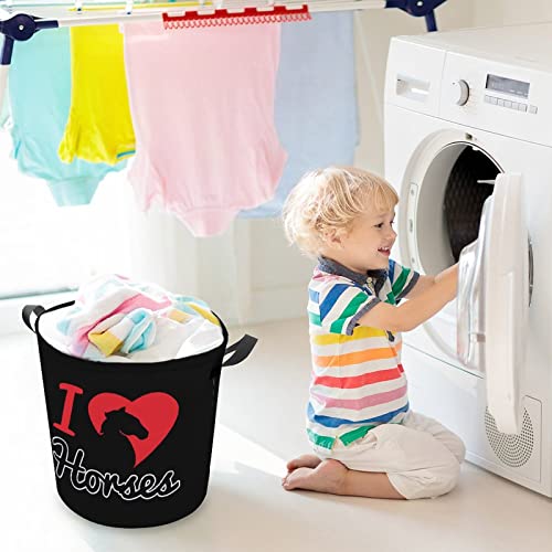 I Love Horse Foldable Laundry Basket Waterproof Hamper Storage Bin Bag with Handle 16.5"x 16.5"x 17"