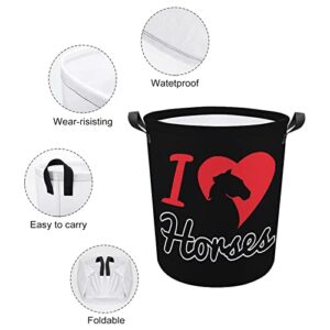 I Love Horse Foldable Laundry Basket Waterproof Hamper Storage Bin Bag with Handle 16.5"x 16.5"x 17"