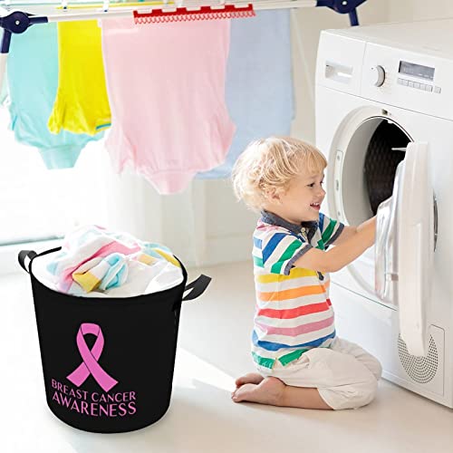 Pink Breast Cancer Awareness Foldable Laundry Basket Waterproof Hamper Storage Bin Bag with Handle 16.5"x 16.5"x 17"