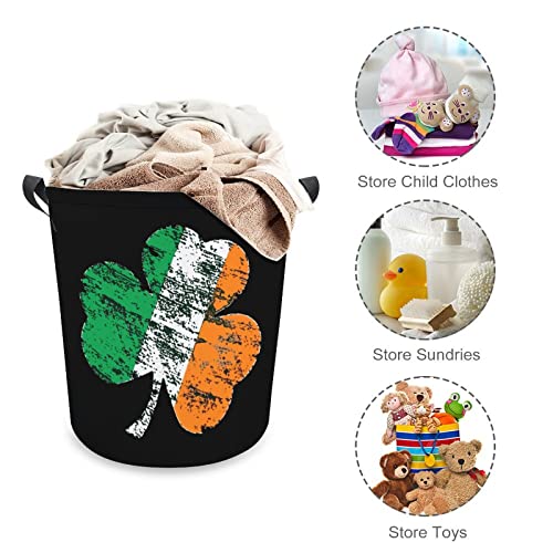 Irish Shamrock Foldable Laundry Basket Waterproof Hamper Storage Bin Bag with Handle 16.5"x 16.5"x 17"