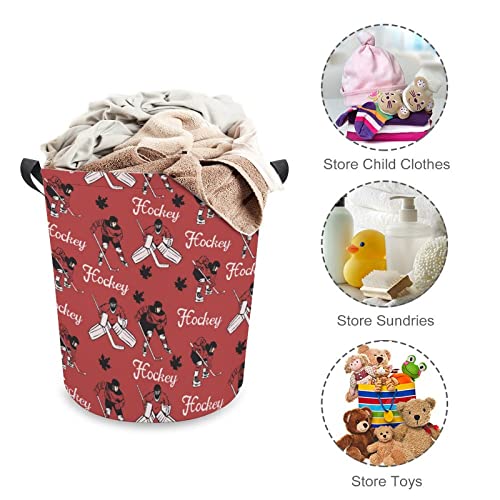 Canadian Hockey Players Foldable Laundry Basket Waterproof Hamper Storage Bin Bag with Handle 16.5"x 16.5"x 17"