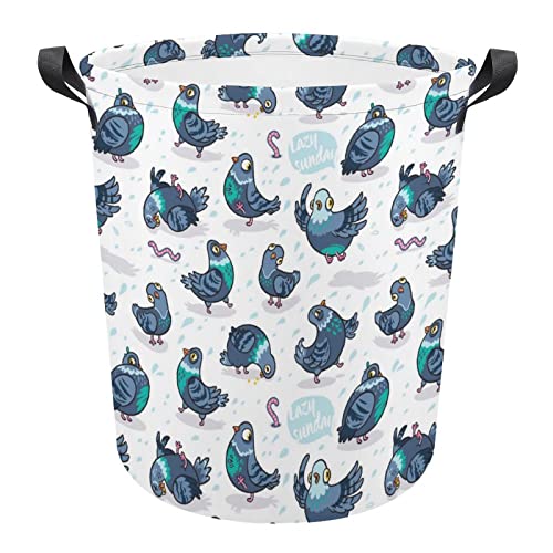 Funny Pigeons Foldable Laundry Basket Waterproof Hamper Storage Bin Bag with Handle 16.5"x 16.5"x 17"