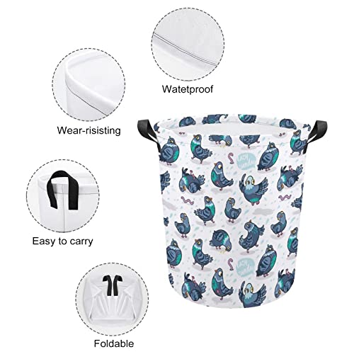 Funny Pigeons Foldable Laundry Basket Waterproof Hamper Storage Bin Bag with Handle 16.5"x 16.5"x 17"