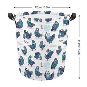 Funny Pigeons Foldable Laundry Basket Waterproof Hamper Storage Bin Bag with Handle 16.5"x 16.5"x 17"