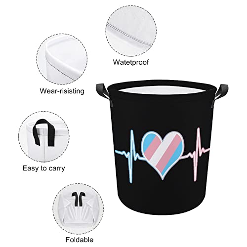 Transgender Flag Heart Beat Foldable Laundry Basket Waterproof Hamper Storage Bin Bag with Handle 16.5"x 16.5"x 17"