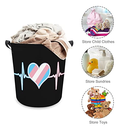 Transgender Flag Heart Beat Foldable Laundry Basket Waterproof Hamper Storage Bin Bag with Handle 16.5"x 16.5"x 17"