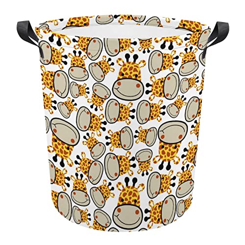 Cartoon Giraffes Head Foldable Laundry Basket Waterproof Hamper Storage Bin Bag with Handle 16.5"x 16.5"x 17"