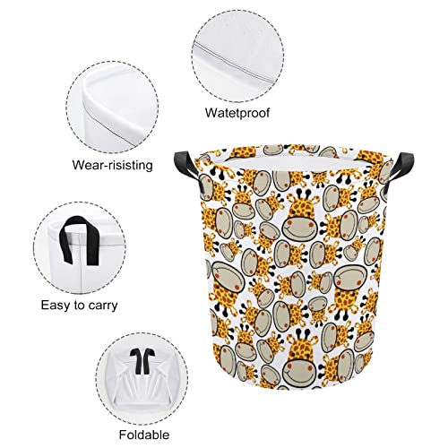 Cartoon Giraffes Head Foldable Laundry Basket Waterproof Hamper Storage Bin Bag with Handle 16.5"x 16.5"x 17"