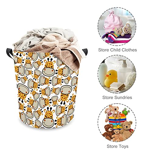 Cartoon Giraffes Head Foldable Laundry Basket Waterproof Hamper Storage Bin Bag with Handle 16.5"x 16.5"x 17"