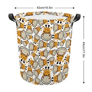 Cartoon Giraffes Head Foldable Laundry Basket Waterproof Hamper Storage Bin Bag with Handle 16.5"x 16.5"x 17"