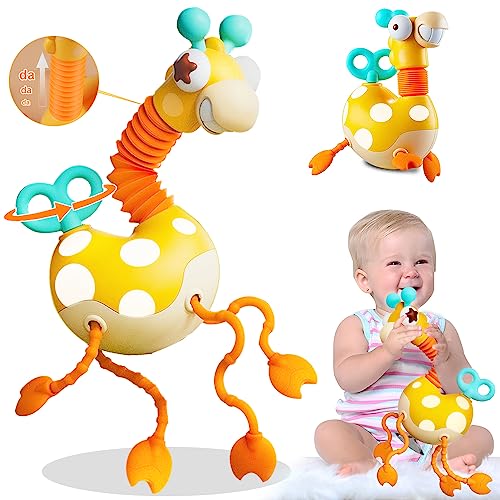 VATOS Baby Sensory Toys Montessori Food Grade Silicone Pull String Activity Toy,Giraffe Toy with Twisting Clockwork & Neck Pop Tube for Fine Motor Skills,Travel Toys for Babies,Infants Toddlers 18M+