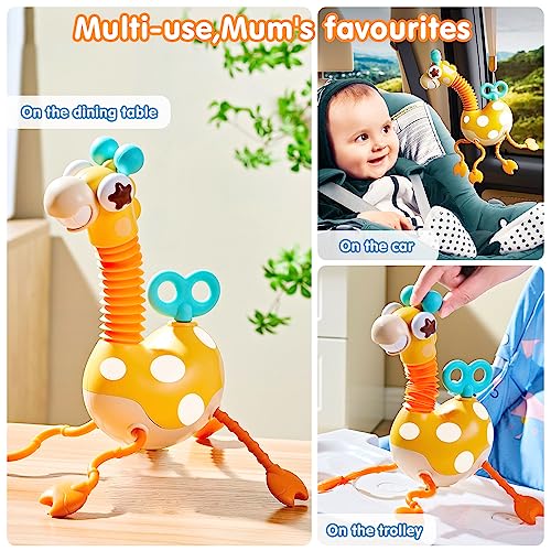 VATOS Baby Sensory Toys Montessori Food Grade Silicone Pull String Activity Toy,Giraffe Toy with Twisting Clockwork & Neck Pop Tube for Fine Motor Skills,Travel Toys for Babies,Infants Toddlers 18M+