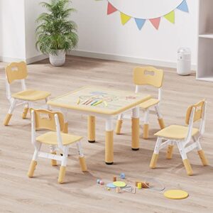 Brelley Kids Table and 4 Chairs Set, Height Adjustable Toddler Table and Chair Set, Graffiti Desktop, Classroom/Daycare/Home, Children Multi-Activity Table for Ages 2-10