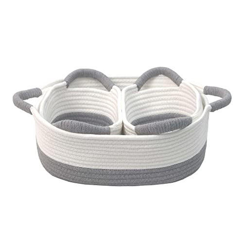 Caroeas 3-Piece Rectangle Small Cotton Rope Basket, Woven Storage Basket, Home Decor Shallow Basket for Baby, Nursery, Toy Storage, Montessori, White and Gray