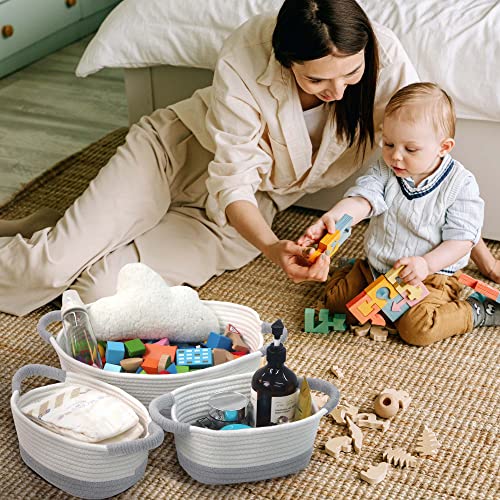 Caroeas 3-Piece Rectangle Small Cotton Rope Basket, Woven Storage Basket, Home Decor Shallow Basket for Baby, Nursery, Toy Storage, Montessori, White and Gray