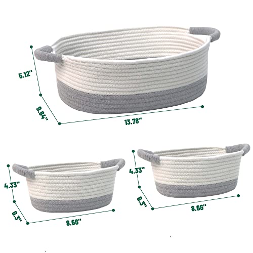 Caroeas 3-Piece Rectangle Small Cotton Rope Basket, Woven Storage Basket, Home Decor Shallow Basket for Baby, Nursery, Toy Storage, Montessori, White and Gray