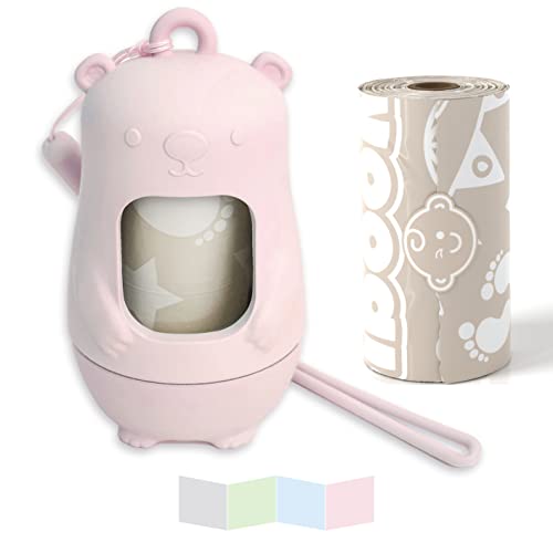 NEW Moodie Teddy Bear Diaper Bag Dispenser | Diaper Bag on the Go Dispenser w/Silicon Strap |15 LAVENDER SCENTED Diaper Disposal Bags per Roll | Diaper bag essential items (ROSIE PINK)