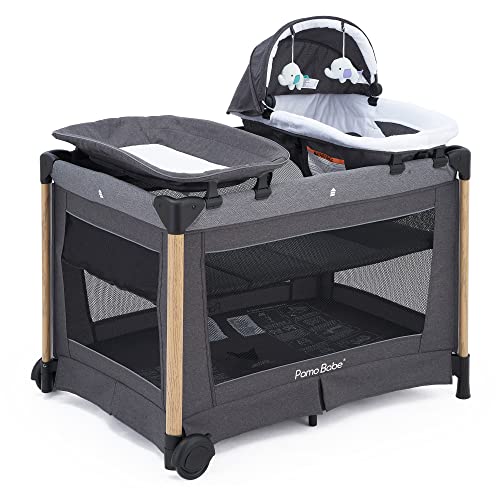 Pamo Babe Deluxe Baby Playard with Foldable Mattress, Large Changing Table，Detachable Childcare Center (Black)