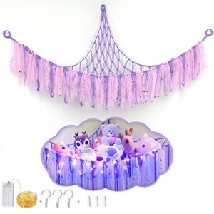 stuffed animal storage hammock or net,sllfly toy hammock with led light,large size net for stuffed animals corner,perfect for kids room,nursery,playroom bedroom(purple)