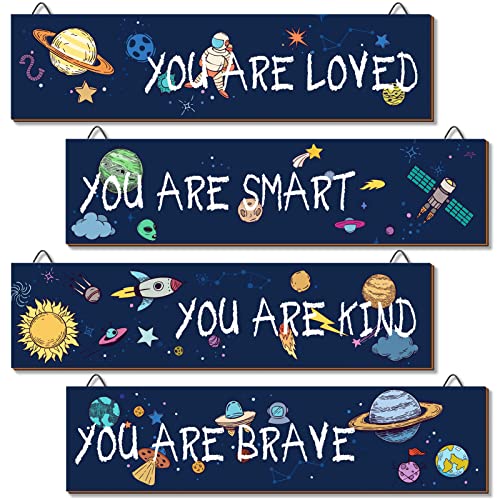 4 Pieces Boys Room Décor, Kids Outer Space Room Wall Décor, Children Bedroom Wall Décor, Space Themed Bedroom Décor, 11.8 * 3 inches