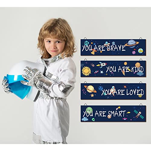 4 Pieces Boys Room Décor, Kids Outer Space Room Wall Décor, Children Bedroom Wall Décor, Space Themed Bedroom Décor, 11.8 * 3 inches