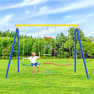 Swing Set for Backyard, 3 in 1 Metal Kids Swing Sets with 2 Pack Swings Seats and Climbing Ladder Playset for Children and Adult Indoor Outdoor Activity Playground Park