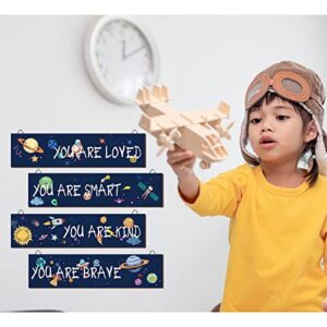 4 Pieces Boys Room Décor, Kids Outer Space Room Wall Décor, Children Bedroom Wall Décor, Space Themed Bedroom Décor, 11.8 * 3 inches