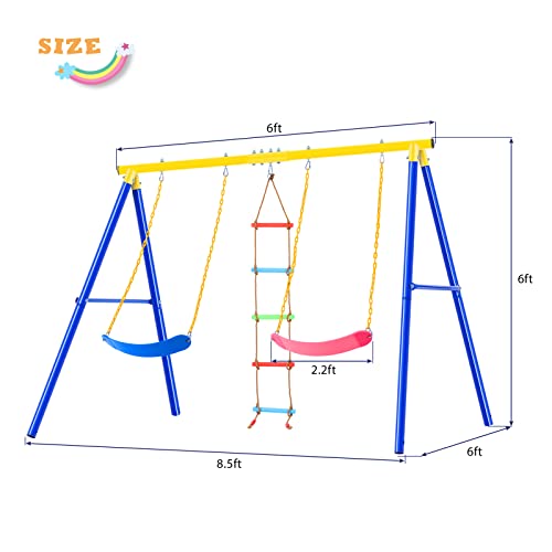 Swing Set for Backyard, 3 in 1 Metal Kids Swing Sets with 2 Pack Swings Seats and Climbing Ladder Playset for Children and Adult Indoor Outdoor Activity Playground Park