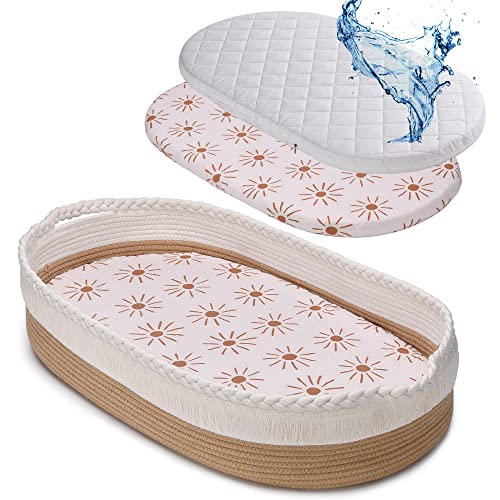 Baby Changing Basket - Handmade Cotton Rope Basket - Moses Table Topper – Includes Thick Foam Pad, Removable Waterproof Mattress Cover and Gender-Neutral Muslin Sheet - Diaper Changing Station