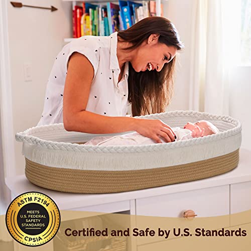 Baby Changing Basket - Handmade Cotton Rope Basket - Moses Table Topper – Includes Thick Foam Pad, Removable Waterproof Mattress Cover and Gender-Neutral Muslin Sheet - Diaper Changing Station