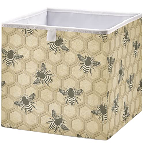 visesunny Closet Baskets Retro Bee Honeycomb Pattern Storage Bins Fabric Baskets for Organizing Shelves Foldable Storage Cube Bins for Clothes, Toys, Baby Toiletry, Office Supply