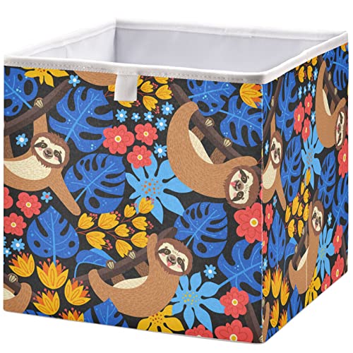 visesunny Closet Baskets Sloth on The Branch Floral Storage Bins Fabric Baskets for Organizing Shelves Foldable Storage Cube Bins for Clothes, Toys, Baby Toiletry, Office Supply