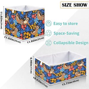 visesunny Closet Baskets Sloth on The Branch Floral Storage Bins Fabric Baskets for Organizing Shelves Foldable Storage Cube Bins for Clothes, Toys, Baby Toiletry, Office Supply