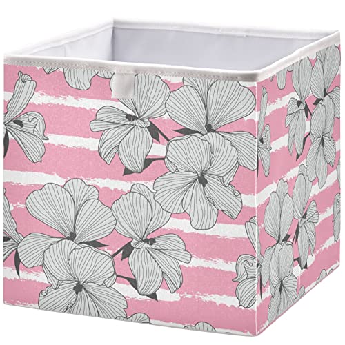 visesunny Closet Baskets Elegant Flower Pink Stripe Storage Bins Fabric Baskets for Organizing Shelves Foldable Storage Cube Bins for Clothes, Toys, Baby Toiletry, Office Supply