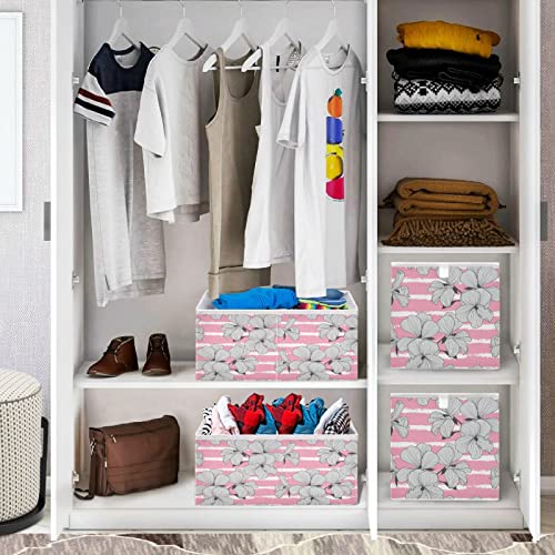 visesunny Closet Baskets Elegant Flower Pink Stripe Storage Bins Fabric Baskets for Organizing Shelves Foldable Storage Cube Bins for Clothes, Toys, Baby Toiletry, Office Supply